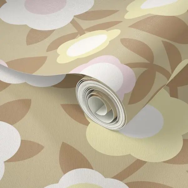 Spoonflower Scandi Flowers Pink Yellow Beige Retro Floral Custom Pre-pasted Wallpaper - Pink,yellow,beige