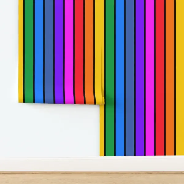 Spoonflower Rainbow Vertical Stripe Bright Striped Custom Pre-pasted Wallpaper