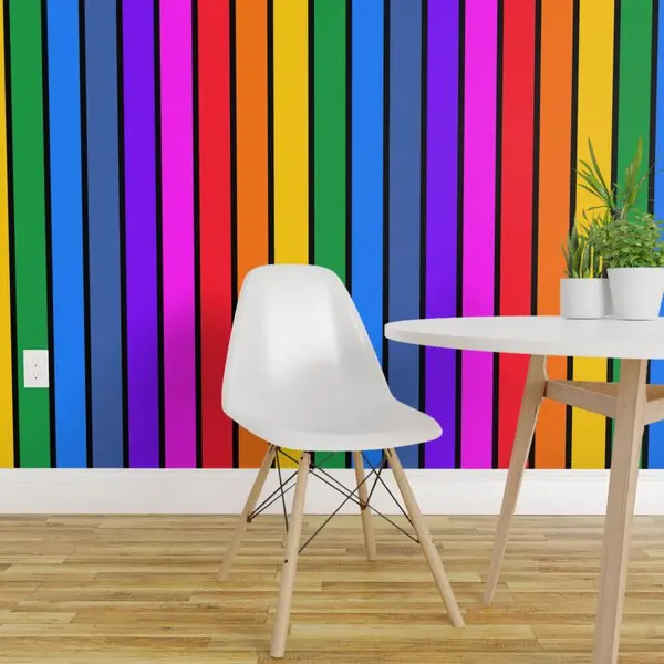 Spoonflower Rainbow Vertical Stripe Bright Striped Custom Pre-pasted Wallpaper