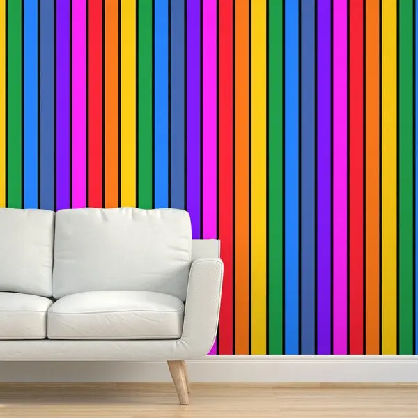 Spoonflower Rainbow Vertical Stripe Bright Striped Custom Pre-pasted Wallpaper