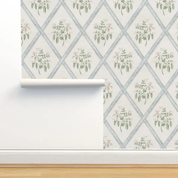 Spoonflower Eloise Quiet Blue Greens 100% Natural Sisal Grasscloth Wallcovering