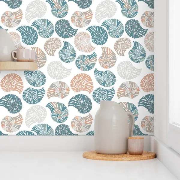 Spoonflower Coastal Shells Beach Terra Cotta Seashells Custom Pre-pasted Wallpaper