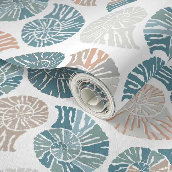 Spoonflower Coastal Shells Beach Terra Cotta Seashells Custom Pre-pasted Wallpaper - Blue