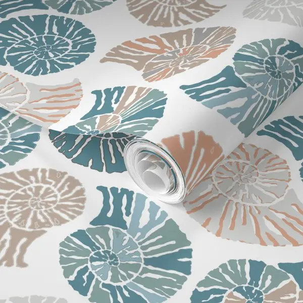Spoonflower Coastal Shells Beach Terra Cotta Seashells Custom Pre-pasted Wallpaper - Blue