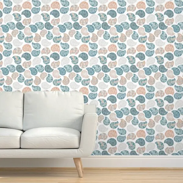 Spoonflower Coastal Shells Beach Terra Cotta Seashells Custom Pre-pasted Wallpaper