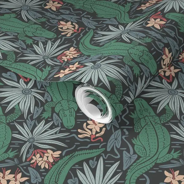 Spoonflower Colorful Crocodile Alligator Reptile Custom Removable Wallpaper - Green