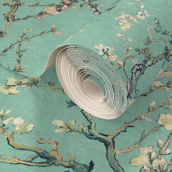 Spoonflower Vincent Van Gogh Almond Blossom Mint Sage Green 100% Natural Sisal Grasscloth Wallcovering - Mint,gray,green