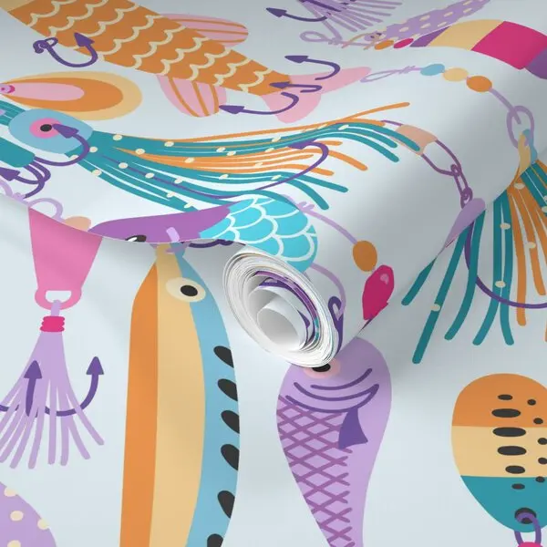 Spoonflower Fishing Light Bait Tackle Outdoor Custom Pre-pasted Wallpaper - Blue