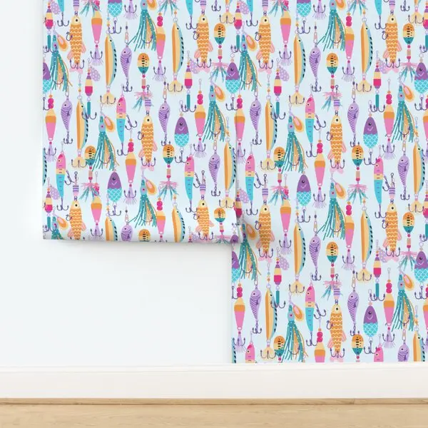 Spoonflower Fishing Light Bait Tackle Outdoor Custom Pre-pasted Wallpaper - Blue