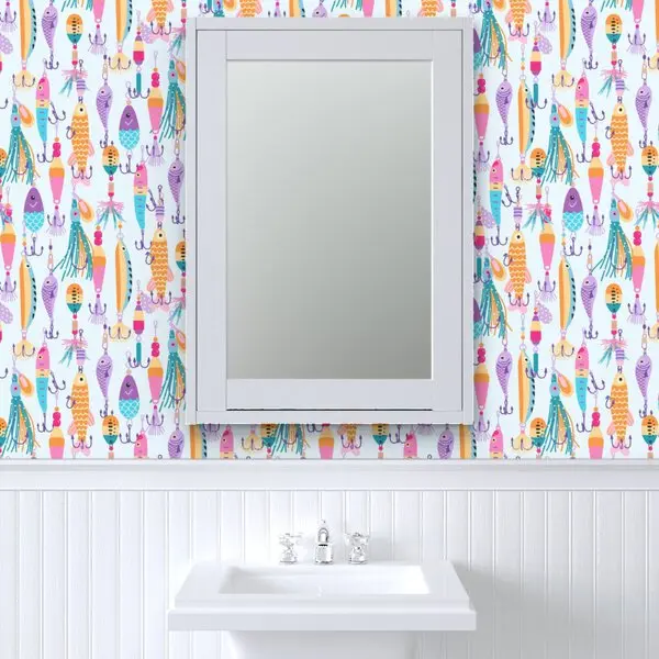 Spoonflower Fishing Light Bait Tackle Outdoor Custom Pre-pasted Wallpaper - Blue