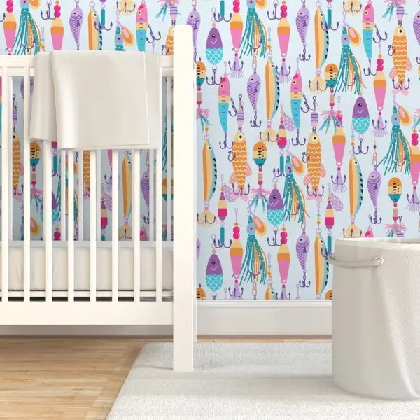 Spoonflower Fishing Light Bait Tackle Outdoor Custom Pre-pasted Wallpaper - Blue