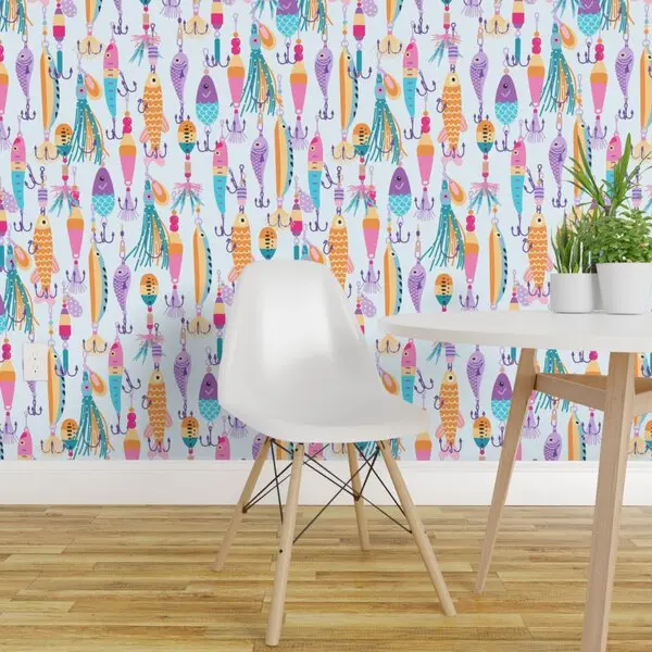 Spoonflower Fishing Light Bait Tackle Outdoor Custom Pre-pasted Wallpaper - Blue