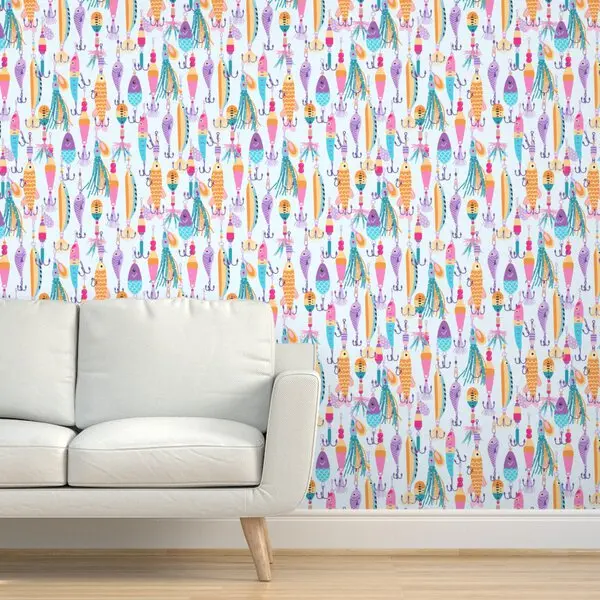 Spoonflower Fishing Light Bait Tackle Outdoor Custom Pre-pasted Wallpaper - Blue
