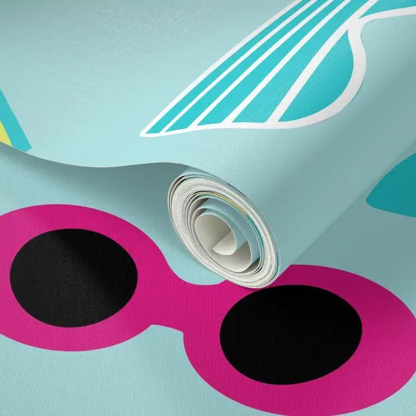 Spoonflower Retro Colorful Beach Groovy Pale Sunglasses Custom Pre-pasted Wallpaper - Blue