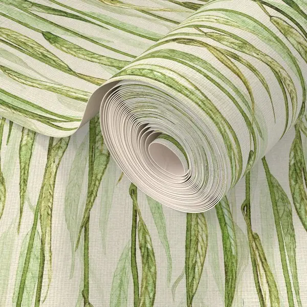 Spoonflower Weeping Willow Tree Leaves On Cream Eggshell Ivory 100% Natural Sisal Grasscloth Wallcovering - Sage,green