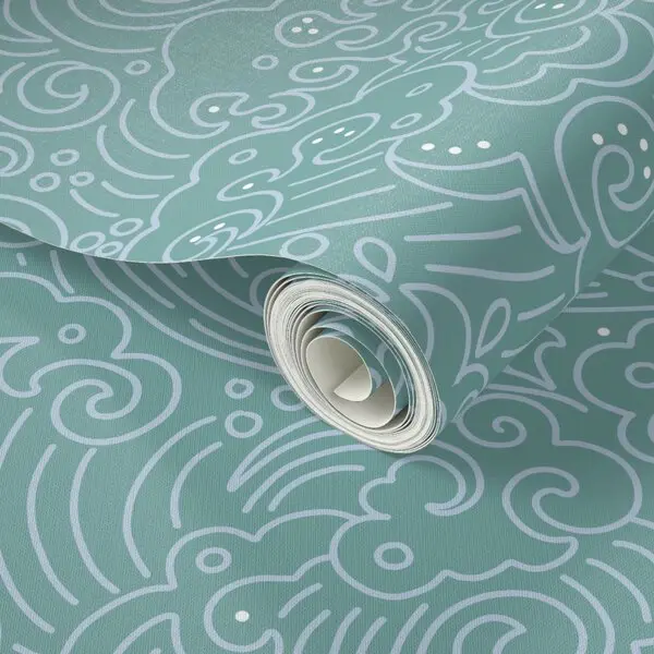 Spoonflower Waves Clouds Beach Coastal Teal Ocean Pop Art Custom Pre-pasted Wallpaper - Blue
