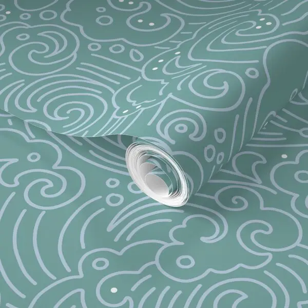 Spoonflower Waves Clouds Beach Coastal Teal Ocean Pop Art Custom Pre-pasted Wallpaper - Blue