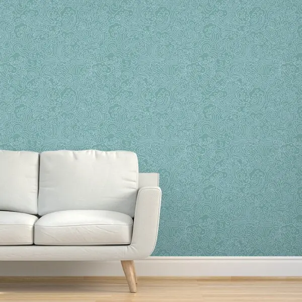 Spoonflower Waves Clouds Beach Coastal Teal Ocean Pop Art Custom Pre-pasted Wallpaper