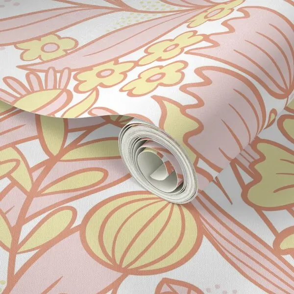 Spoonflower Romantic Floral Pastel Pink Yellow Feminine Custom Pre-pasted Wallpaper - Pink,yellow