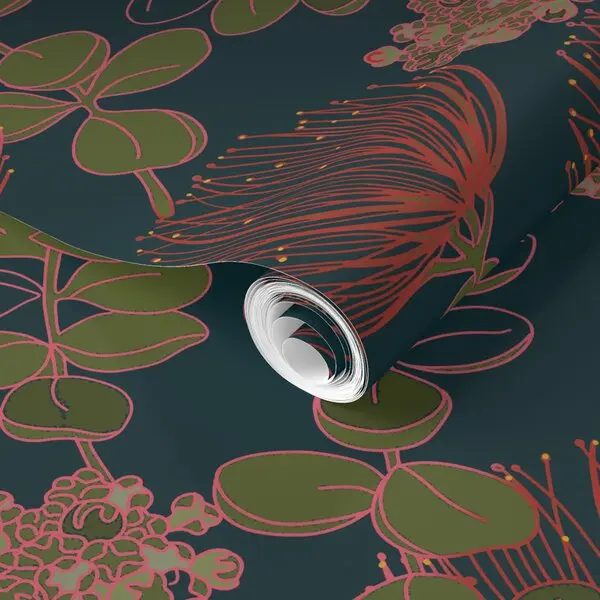 Spoonflower Dark Botanical Hawaii Hawaiian Floral Flowers Custom Pre-pasted Wallpaper - Red