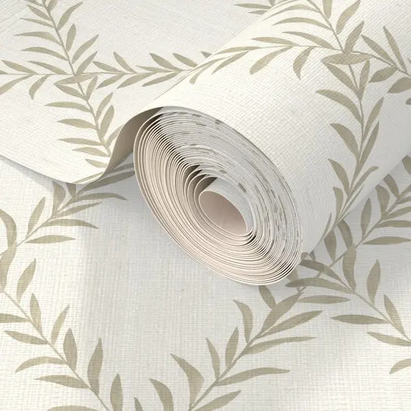Spoonflower Leafy Trellis Beige On White 100% Natural Sisal Grasscloth Wallcovering - Green,gray