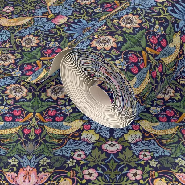 Spoonflower Roses Pink Cabbage Antique William Morris 100% Natural Sisal Grasscloth Wallcovering - Blue,pink,gray