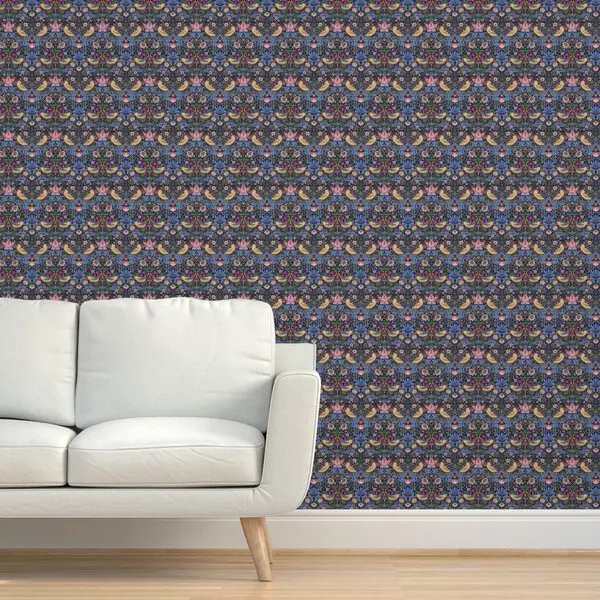 Spoonflower Roses Pink Cabbage Antique William Morris 100% Natural Sisal Grasscloth Wallcovering - Blue,pink,gray