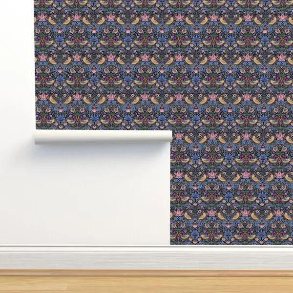 Spoonflower Roses Pink Cabbage Antique William Morris 100% Natural Sisal Grasscloth Wallcovering - Blue,pink,gray