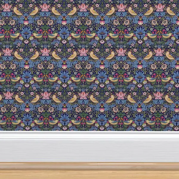 Spoonflower Roses Pink Cabbage Antique William Morris 100% Natural Sisal Grasscloth Wallcovering - Blue,pink,gray