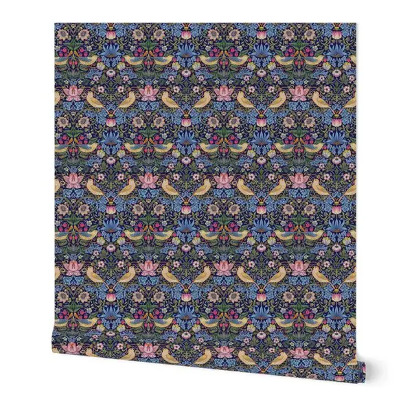Spoonflower Roses Pink Cabbage Antique William Morris 100% Natural Sisal Grasscloth Wallcovering - Blue,pink,gray