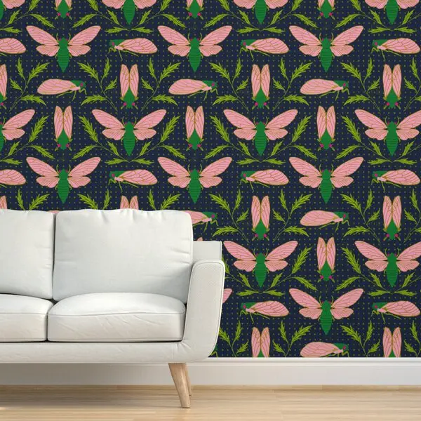 Spoonflower Cicada Navy 100% Natural Sisal Grasscloth Wallcovering