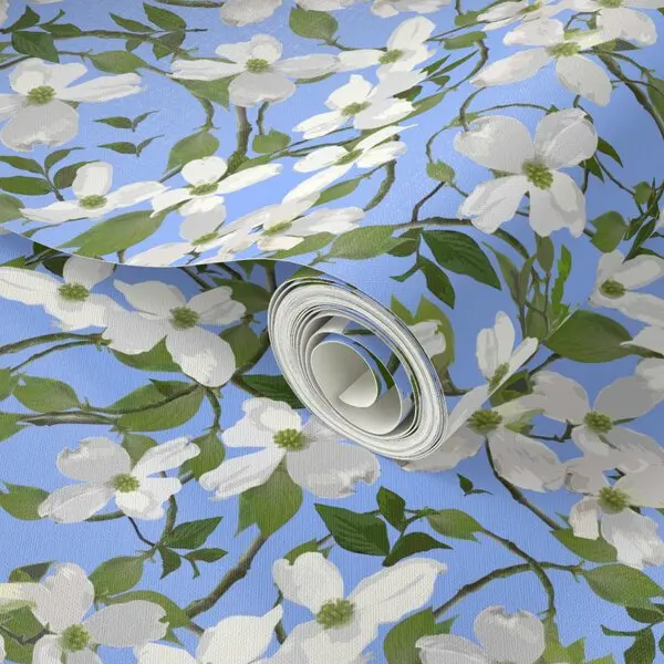 Spoonflower Floral Botanical Tree Blue Flowers Branches Custom Pre-pasted Wallpaper - White,green,blue