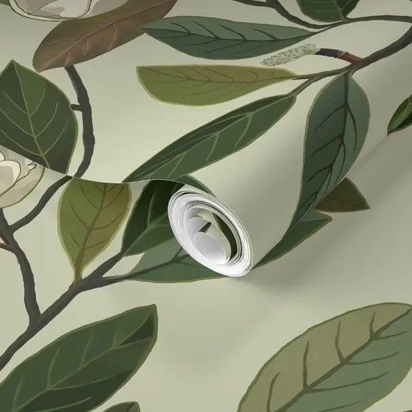 Spoonflower Magnolia Blooms Green Flowers Botanical Custom Pre-pasted Wallpaper - White