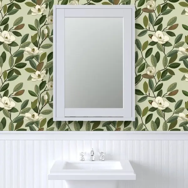 Spoonflower Magnolia Blooms Green Flowers Botanical Custom Pre-pasted Wallpaper - White