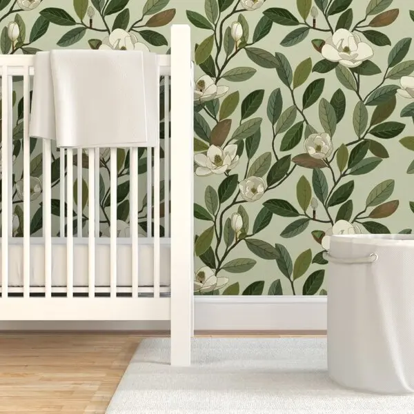 Spoonflower Magnolia Blooms Green Flowers Botanical Custom Pre-pasted Wallpaper - White