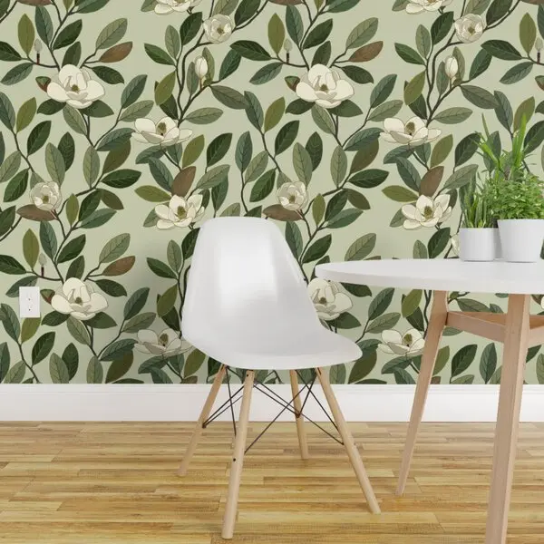 Spoonflower Magnolia Blooms Green Flowers Botanical Custom Pre-pasted Wallpaper - White