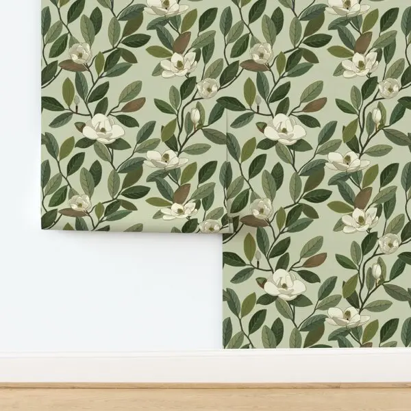 Spoonflower Magnolia Blooms Green Flowers Botanical Custom Pre-pasted Wallpaper - White