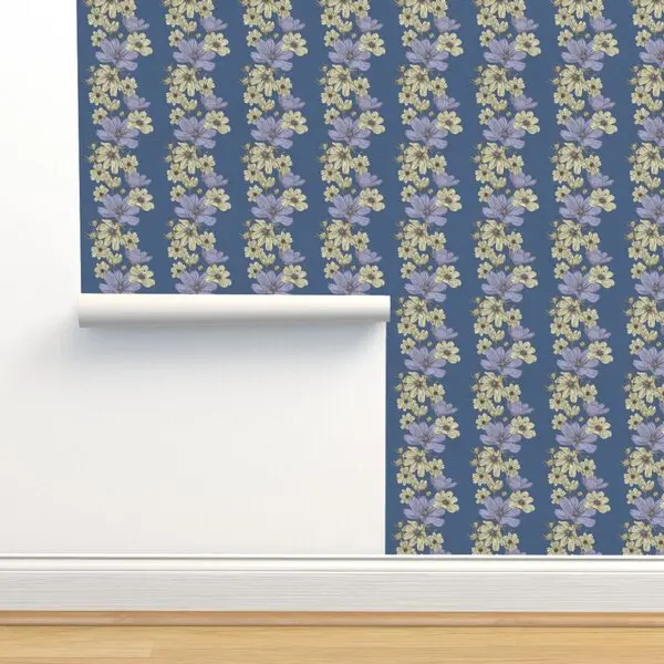 Spoonflower Neutral Floral Blue 100% Natural Sisal Grasscloth Wallcovering