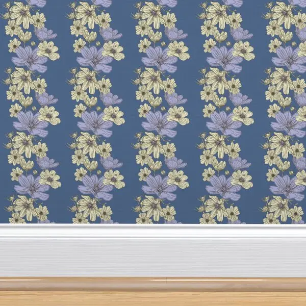 Spoonflower Neutral Floral Blue 100% Natural Sisal Grasscloth Wallcovering
