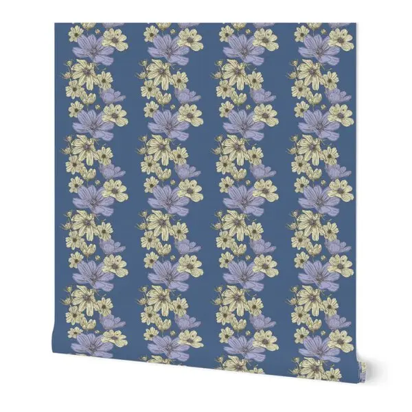Spoonflower Neutral Floral Blue 100% Natural Sisal Grasscloth Wallcovering