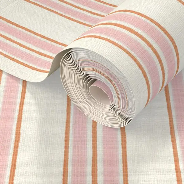 Spoonflower Pink And Orange Anderson Stripe 100% Natural Sisal Grasscloth Wallcovering - Pink,orange,gray