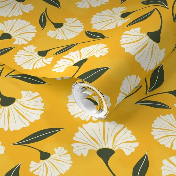 Spoonflower Sunny Flower Nature Victorian Summer Garden Custom Pre-pasted Wallpaper - Yellow
