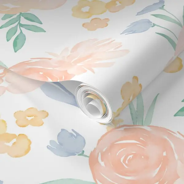 Spoonflower Watercolor Floral Pink Yellow Roses Flowers Medium Custom Pre-pasted Wallpaper - Pink,yellow