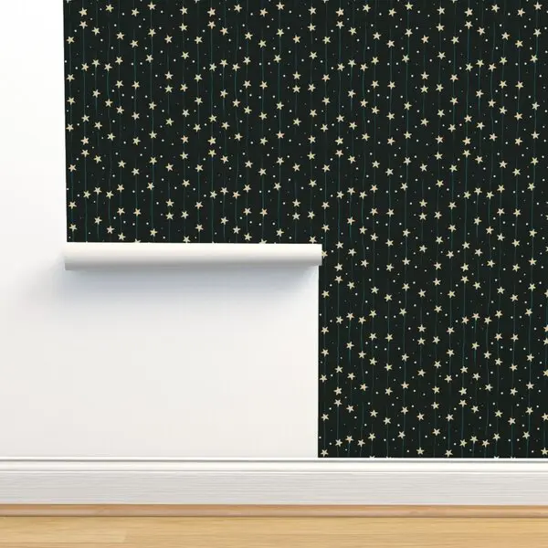 Spoonflower Twinkling Stars In Black 100% Natural Sisal Grasscloth Wallcovering - Blue,beige,gray