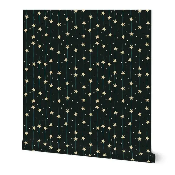 Spoonflower Twinkling Stars In Black 100% Natural Sisal Grasscloth Wallcovering - Blue,beige,gray
