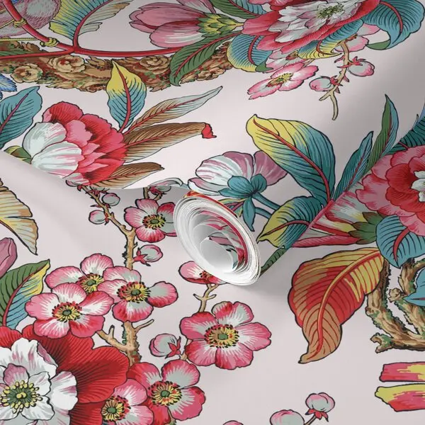 Spoonflower Bird Dusty Antique Palm Jungle Lilac Tropical Custom Pre-pasted Wallpaper - Pink