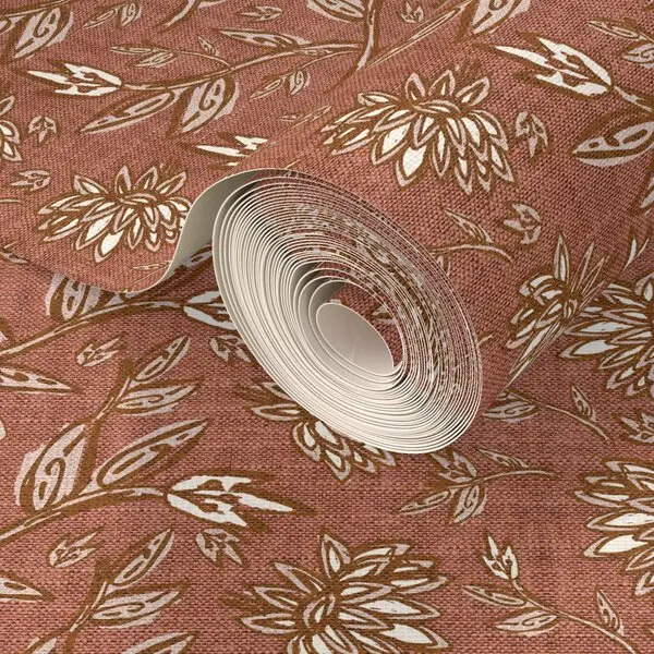Spoonflower Texture Floral Leaf Maroon Marsala 100% Natural Sisal Grasscloth Wallcovering - Brown,pink