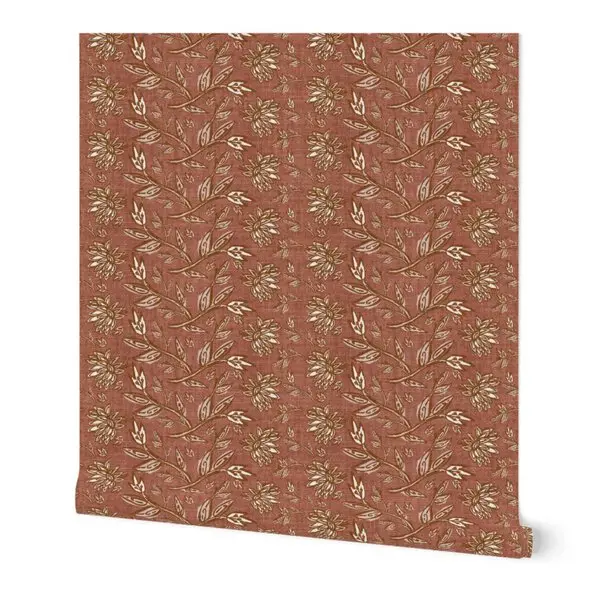 Spoonflower Texture Floral Leaf Maroon Marsala 100% Natural Sisal Grasscloth Wallcovering