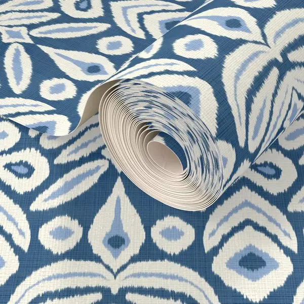 Spoonflower Blue And Cornflower Bloom Ikat 100% Natural Sisal Grasscloth Wallcovering - Blue,white,gray