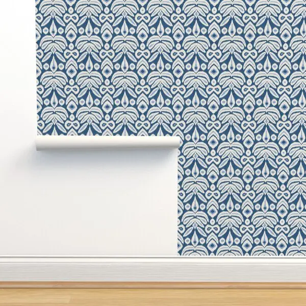 Spoonflower Blue And Cornflower Bloom Ikat 100% Natural Sisal Grasscloth Wallcovering